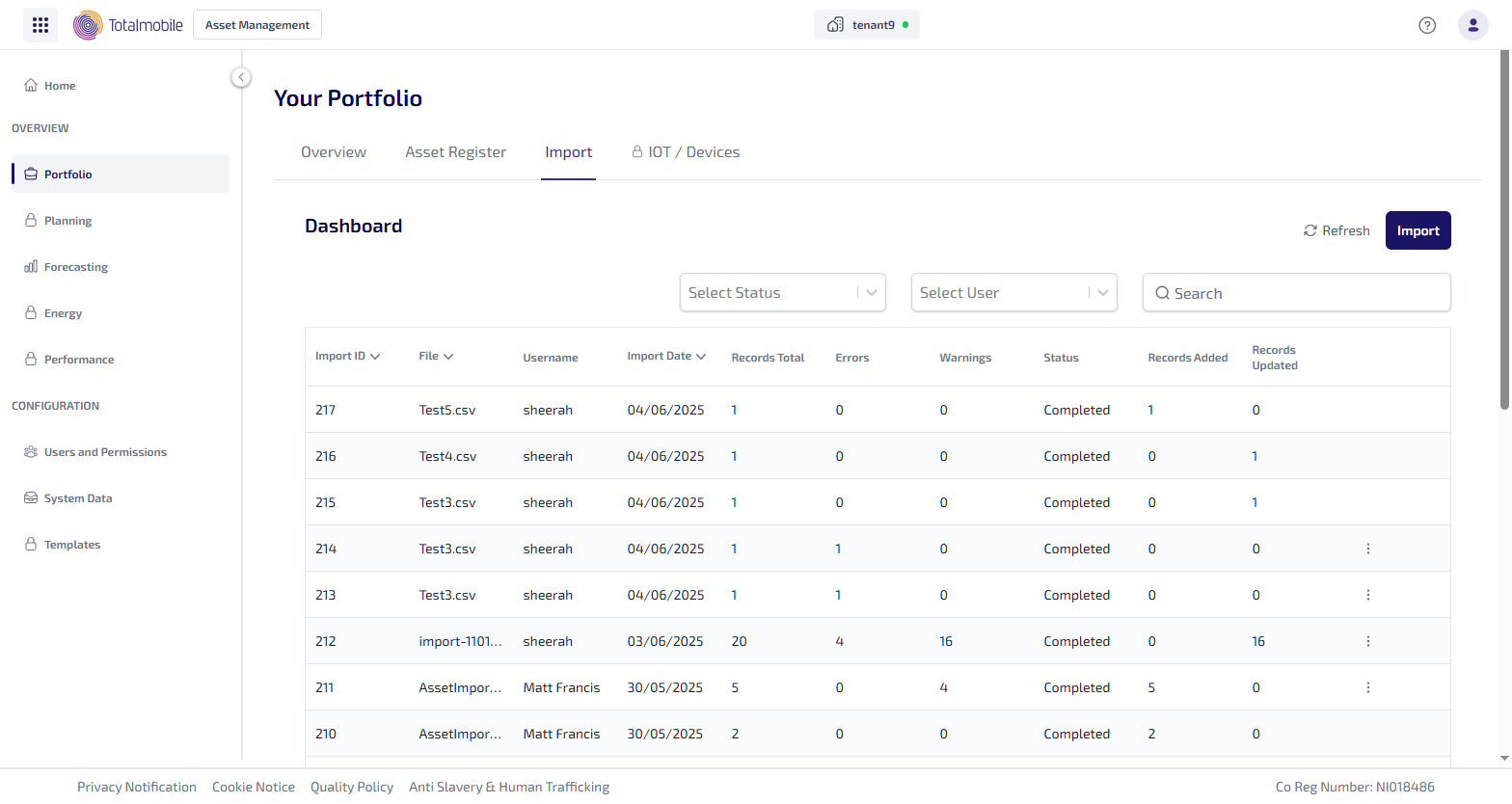 Import Dashboard